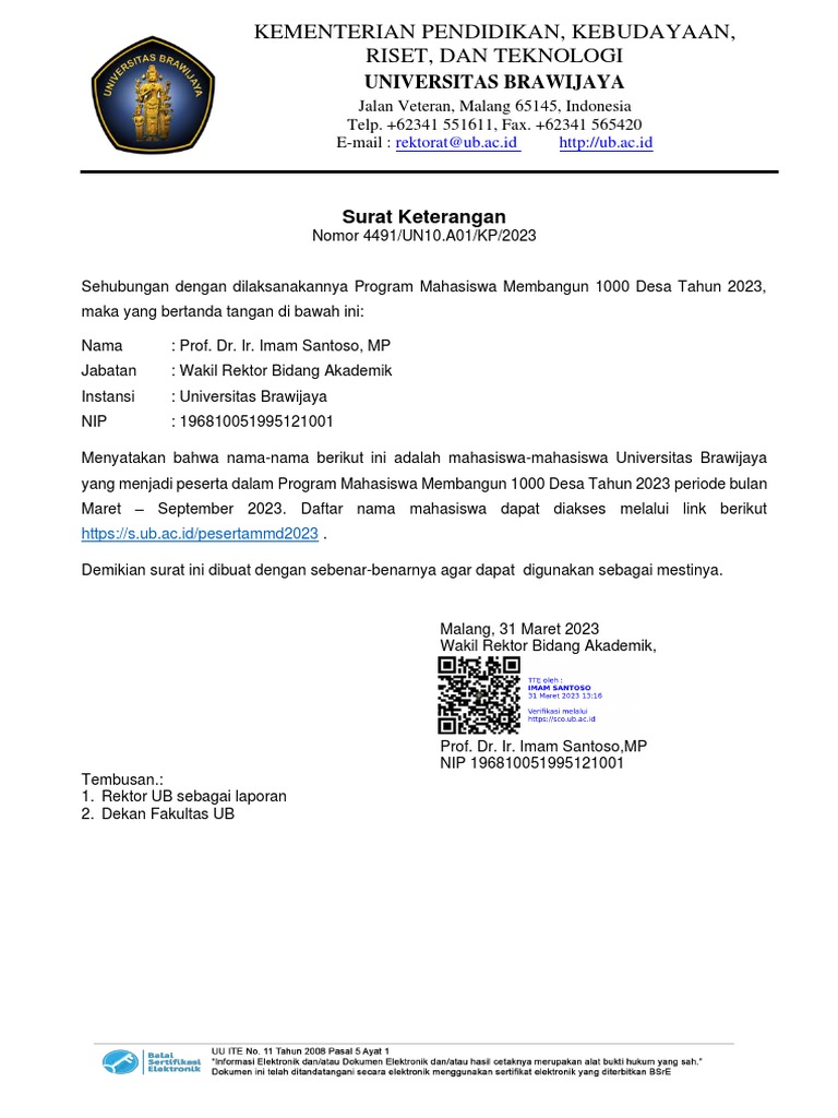 4491 - Surat Keterangan Mahasiswa Program Mahasiswa Membangun 1000 Desa Tahun 2023 | PDF