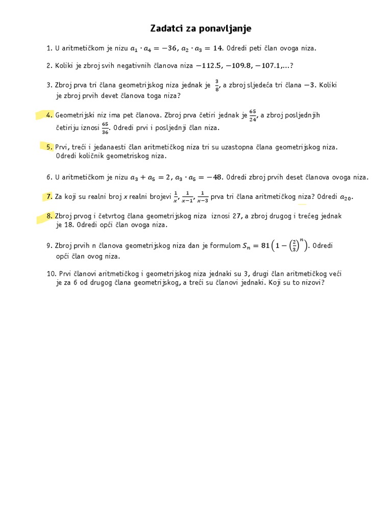 Zadatci Za Ponavljanje - Nizovi | PDF