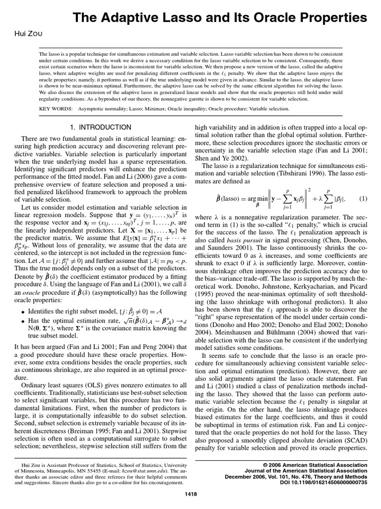 Adaptive Lasso & Oracle Properties | PDF | Ordinary Least Squares ... Adaptive Lasso & Oracle Properties | PDF | Ordinary Least Squares ...