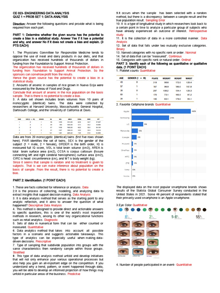 Ce 023 Eda 1ST Quiz A | PDF | Data Analysis | Sampling (Statistics)
