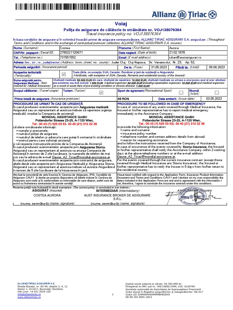 Contract Asigurare TIRIAC - Medicale VOJ138076353 VOJ138076364 1 | PDF