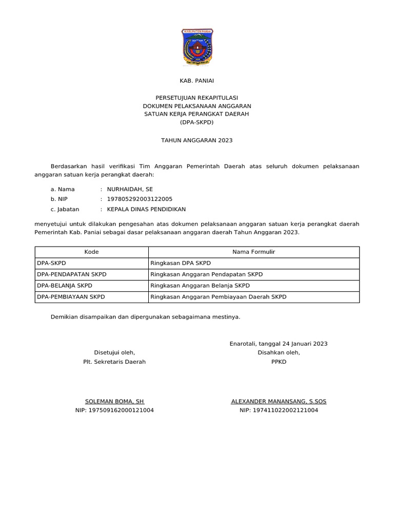 Rekapitulasi DPA SKPD 2023 Kab. Paniai | PDF