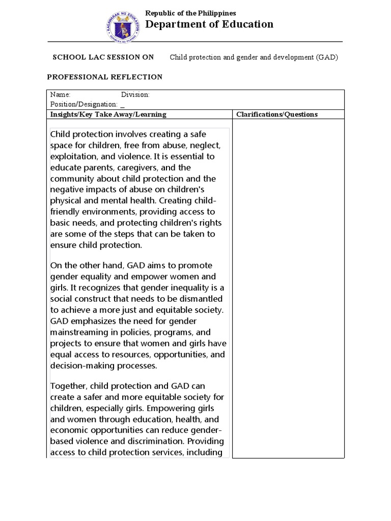 1 Reflection School Lac GAD AND CHILD PROTECTIONsession Angel Glez | PDF
