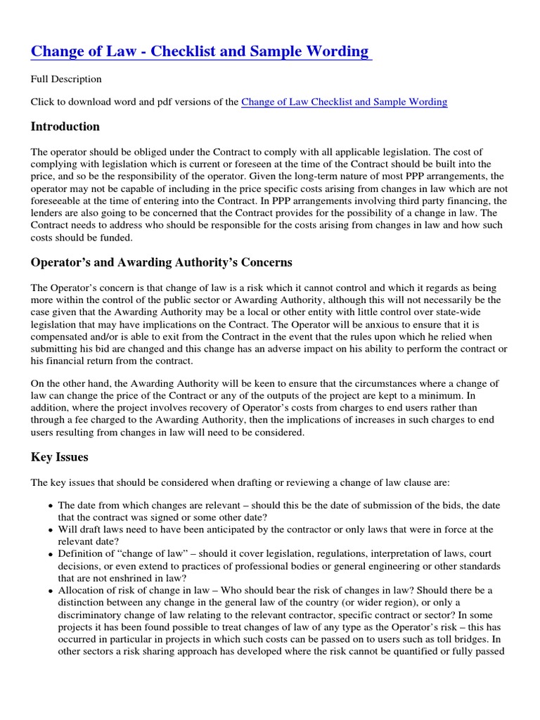 Change of Law Checklist and Sample Wording | PDF | Public–Private ...