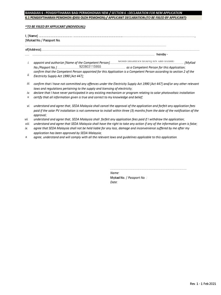 Seda Declaration Form Nem 3.0 | PDF | Renewable Electricity | Solar Energy