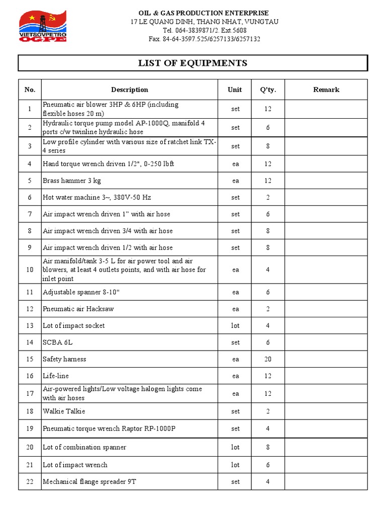 List of Equipment | PDF | Manufactured Goods | Mechanical Engineering