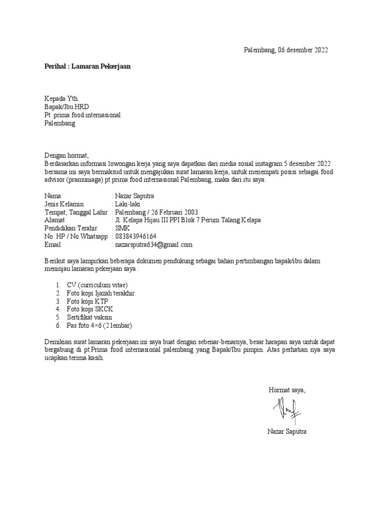 Palembang, 06 Desember 2022 Perihal: Lamaran Pekerjaan | PDF