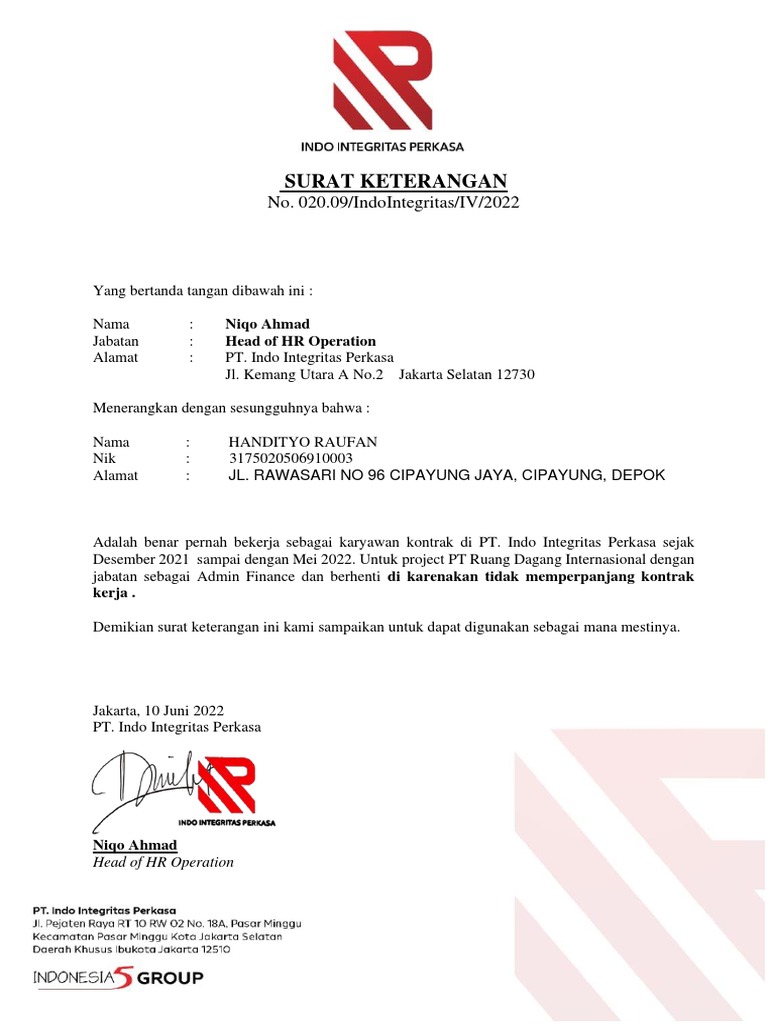 Surat Keterangan Kerja Handityo Raufan | PDF