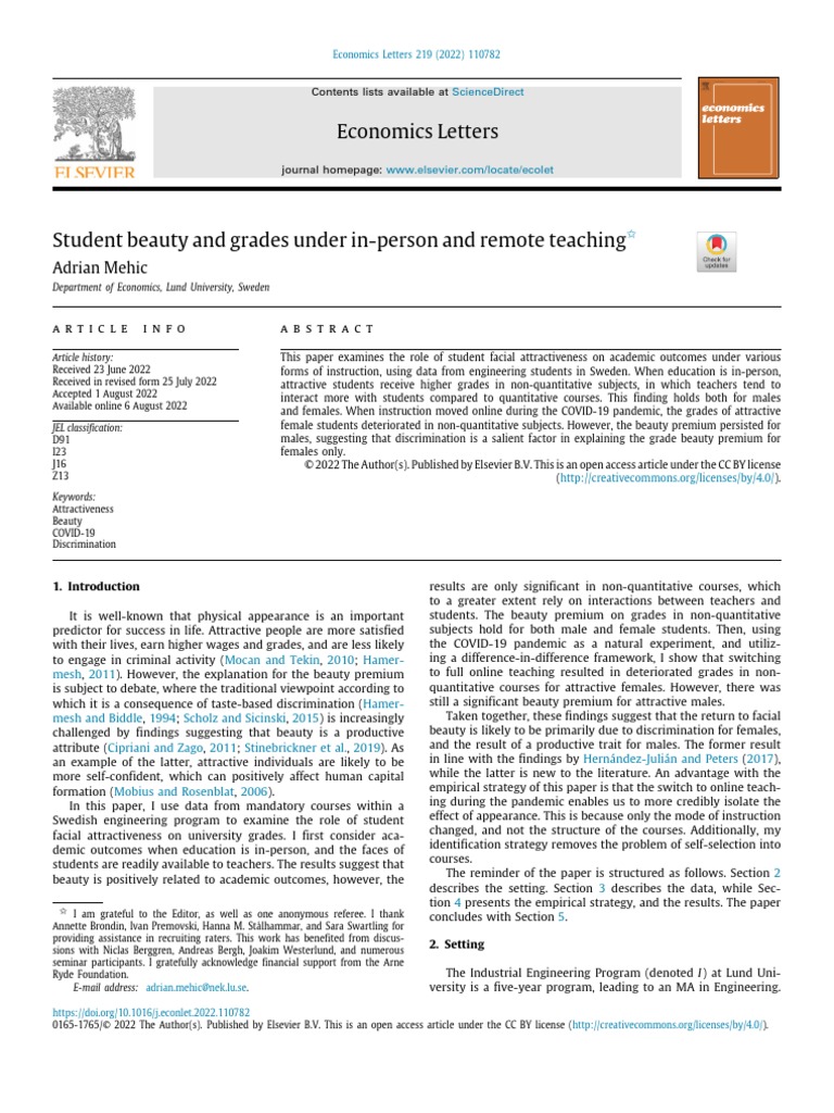 Paper Student Beauty and Grades Under In-Person and Remote Teaching ...