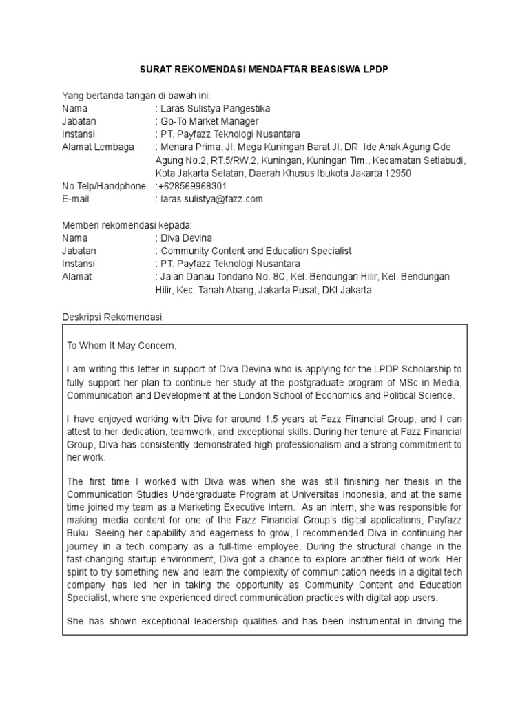 Surat Rekomendasi LPDP - Laras Sulistya 1 | PDF | Leadership ...