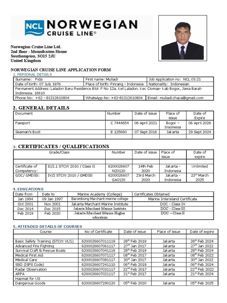 Muliadi - NCL APPLICATION FORM | Download Free PDF | Shipping | Water ...