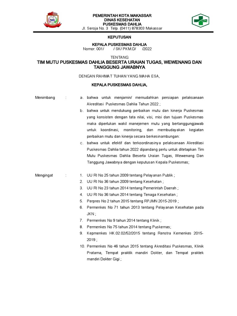 5.1.1. Ep 1 SK Tim Mutu, Lampiran Ur Tgs Wewenang D TGG JWB Fix | PDF