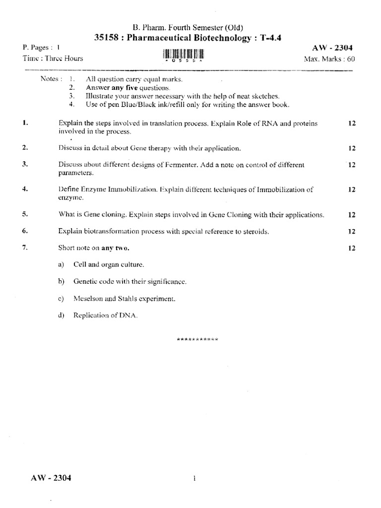 Bpharm 4 Sem Pharmaceutical Biotechnology Old S 2019 | PDF