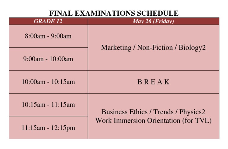 Examination Schedule 2023 Finals Gr12 | PDF