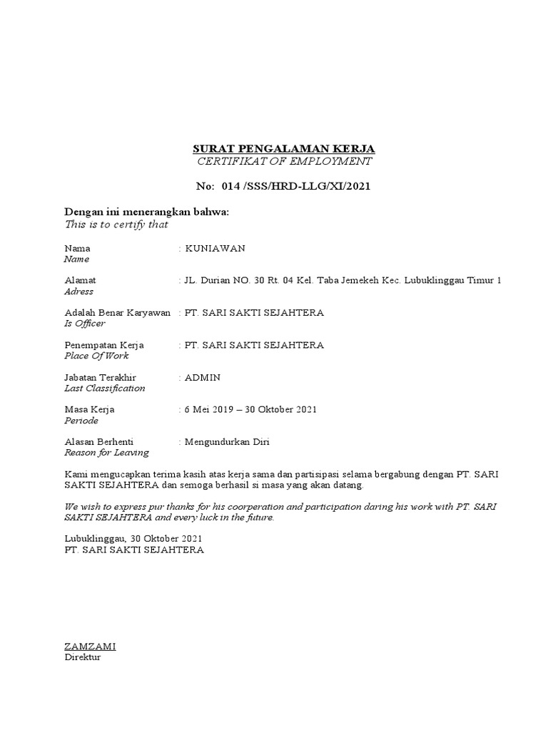 Surat Pengalaman Kerja | PDF