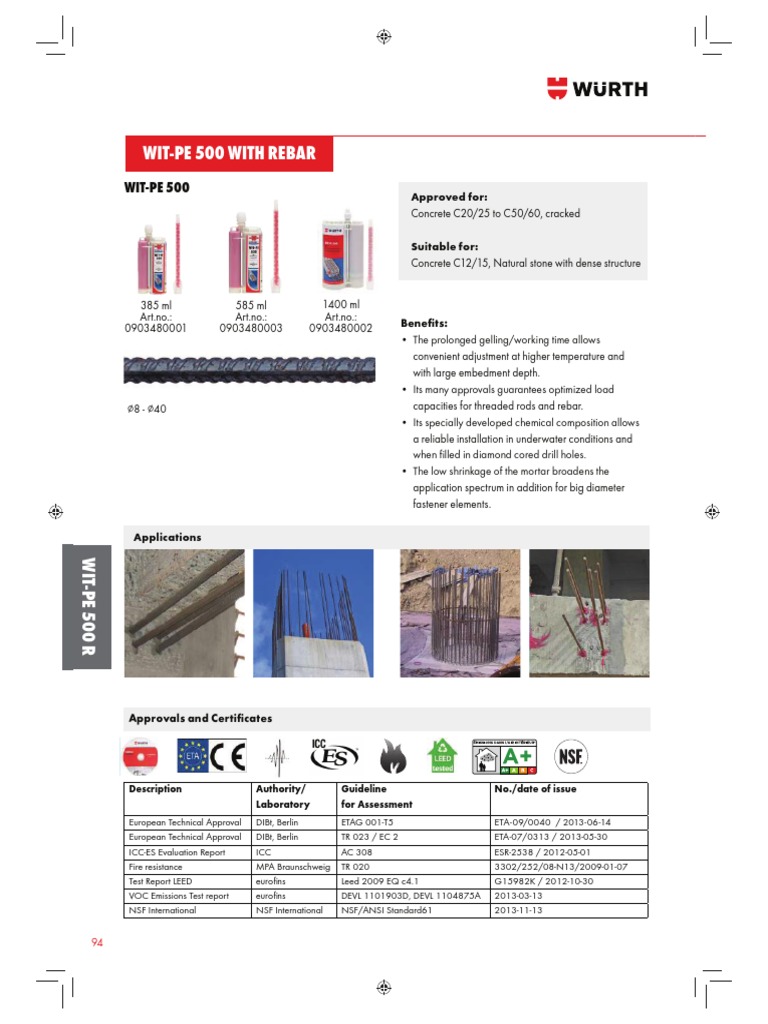 TDS - WIT PE 500 - Rebar | PDF | Building Technology | Engineering