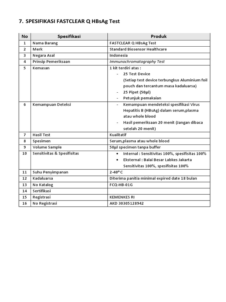 Spesifikasi Fastclear Q Hbsag | PDF