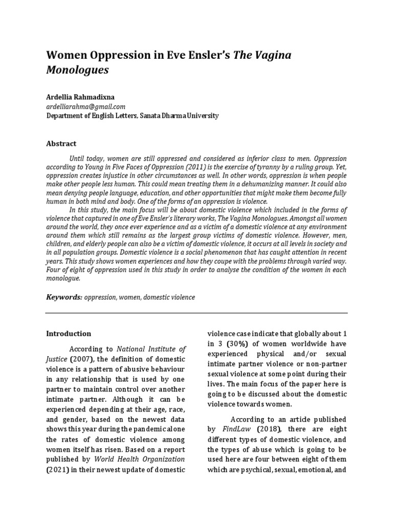 Women Oppression in Eve Ensler The Vagina Monologues - Full Paper of English Drama Assignment | PDF