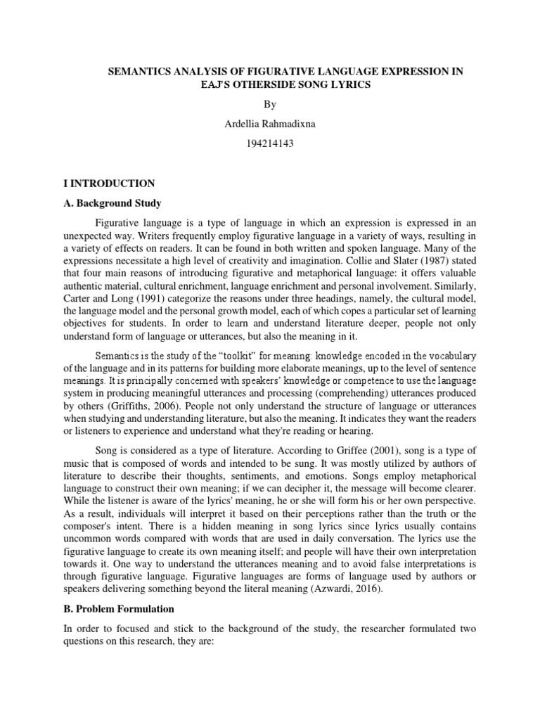 Semantics Analysis of Figurative Language Expression in Eaj's Otherside Song Lyrics | PDF