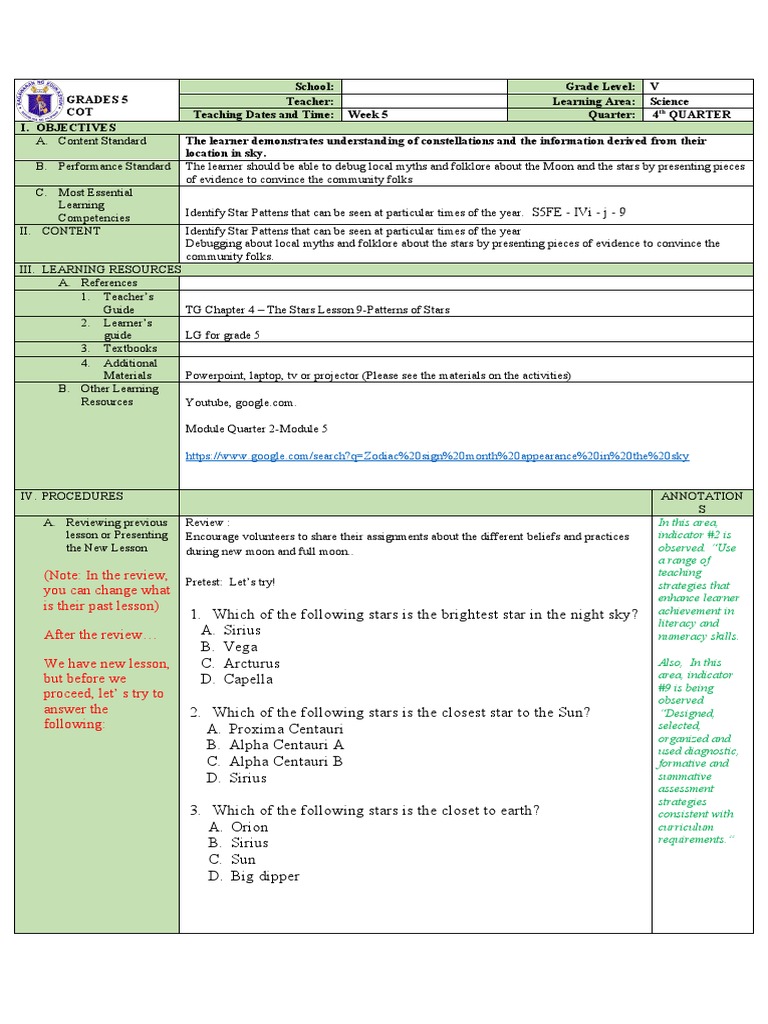 Science 5 Q4 Week 5 - Identify Star Patterns That Can Be Seen at ...