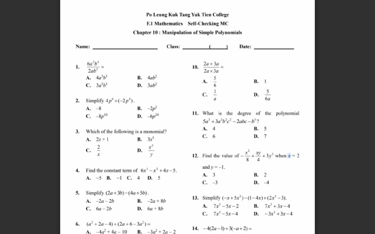 F1 Self-Checking MC Quiz Chapter 10 Manipulation of Simple Polynomials - PDF - Google Drive 2 ...