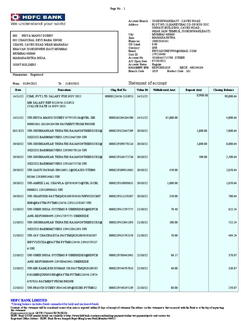 HDFC Bank Account Statement Summary | PDF | Debits And Credits | Business