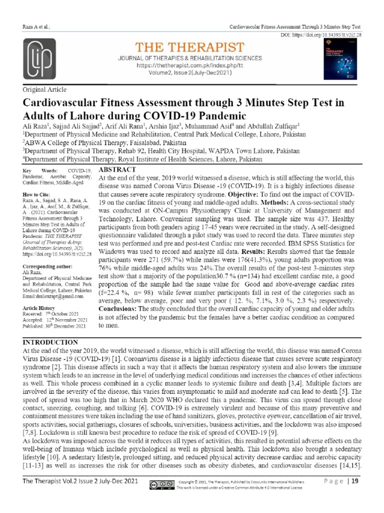 Cardiovascular Fitness Assessment Through 3 Minutes Step Test in Adults ...