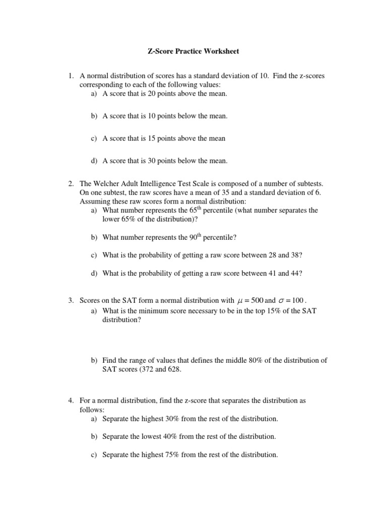 Z-Score Practice Worksheet | PDF | Standard Score | Percentile