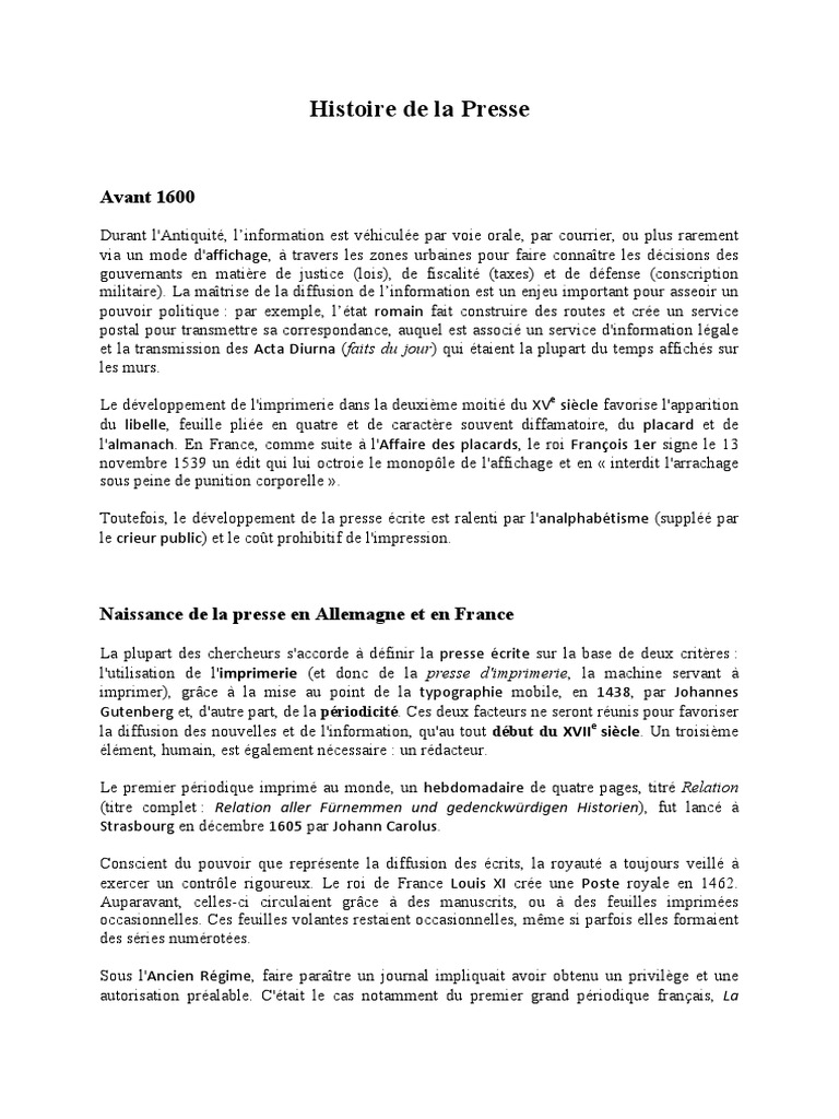 Histoire de la Presse Écrite en France | PDF | Napoléon | Télégraphie