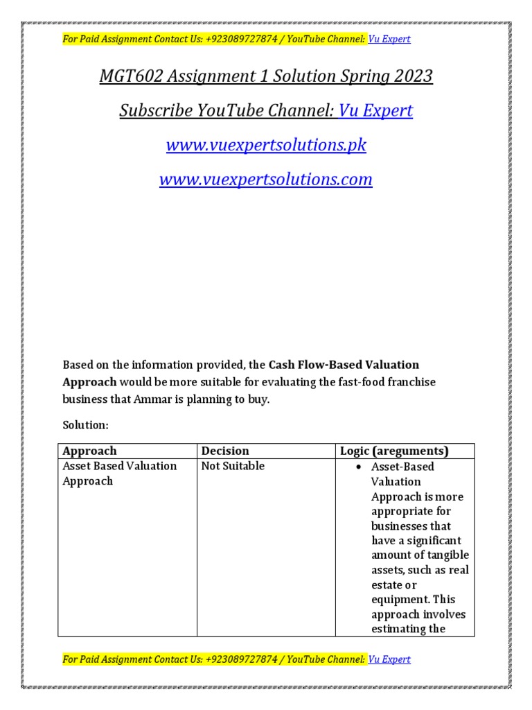 MGT602 Assign 1 Sol 2023 Vu Expert | PDF | Valuation (Finance) | Corporations