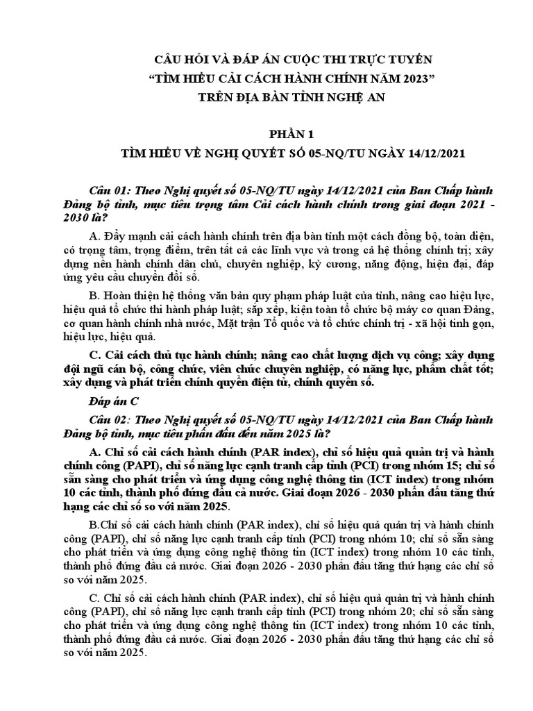 Cau Hoi Va Dap An Cuoc Thi Tim Hieu CCHC Ban Chinh Thuc | PDF