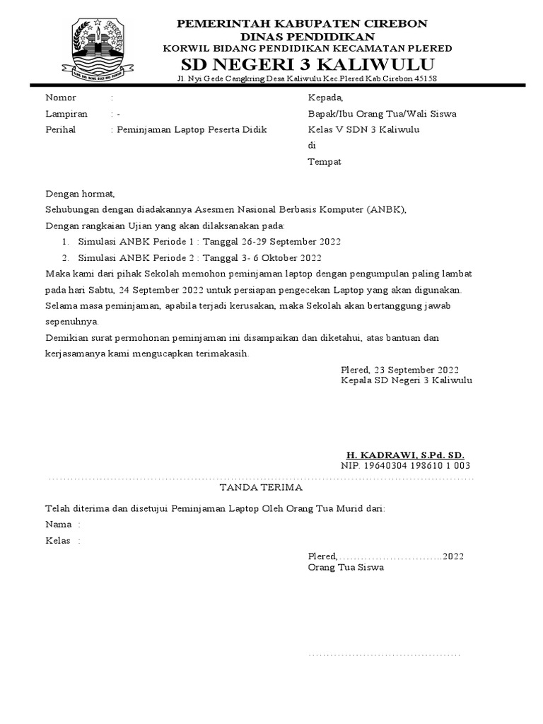 Surat Peminjaman Laptop ANBK SDN 3 | PDF