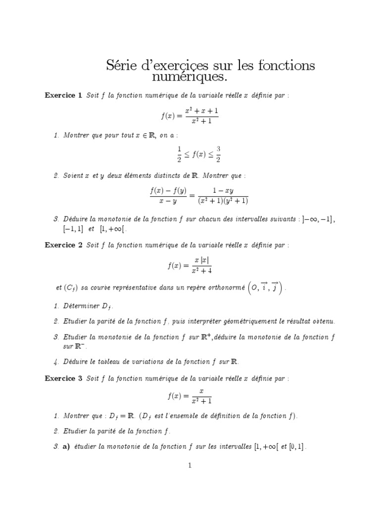 Serie Dexercices Sur Les Fonctions | PDF | Analyse mathématique ...