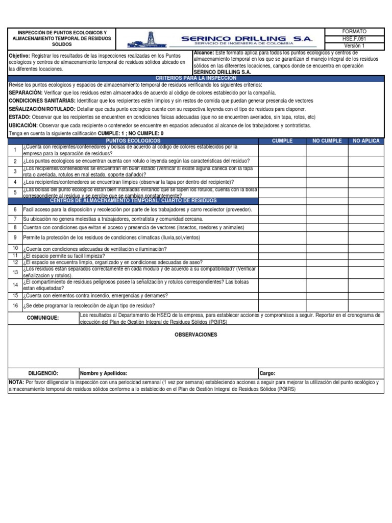 Formato de Inspeccion de Puntos Ecologicos y Centros de Acopio. HSE.F ...