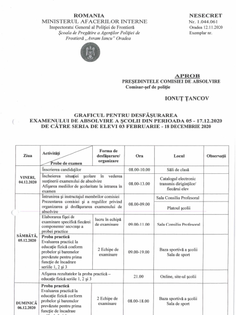 Grafic Examen Absolvire Decembrie 2020 4 | PDF