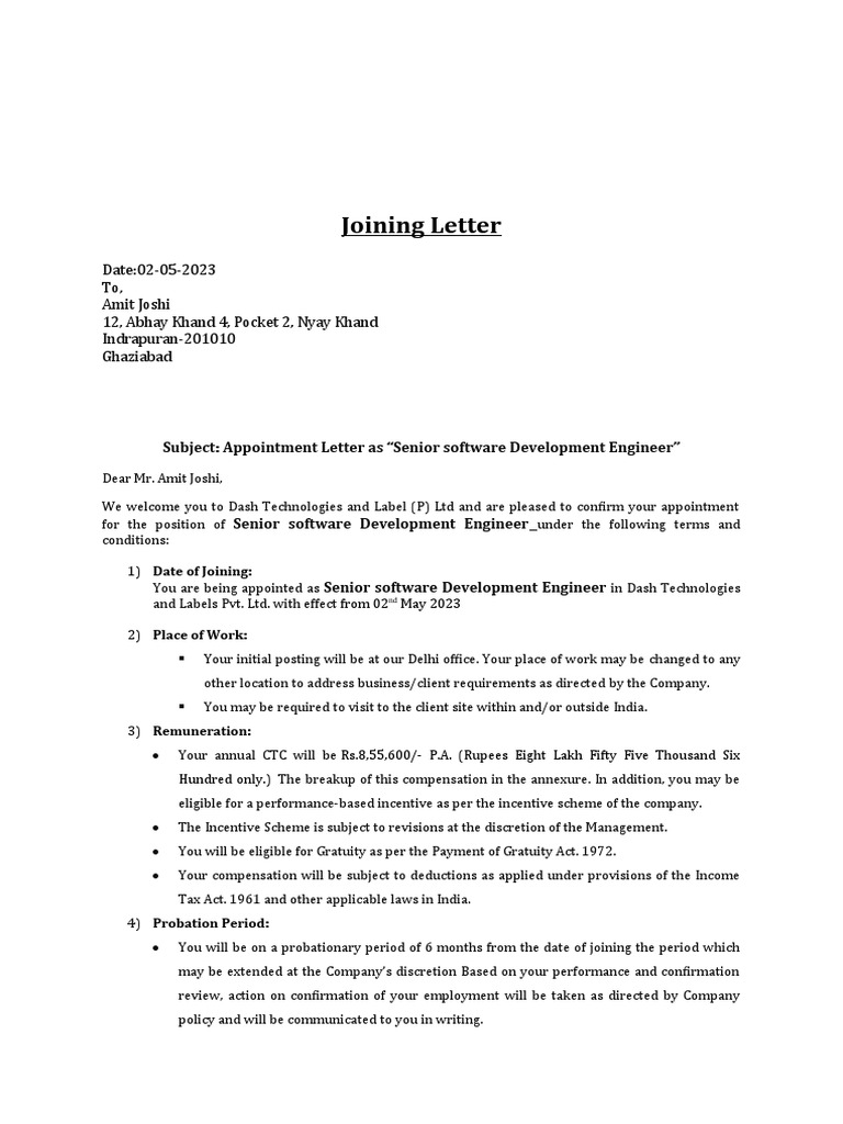 Joining Letter Amit | PDF | Confidentiality | Employment