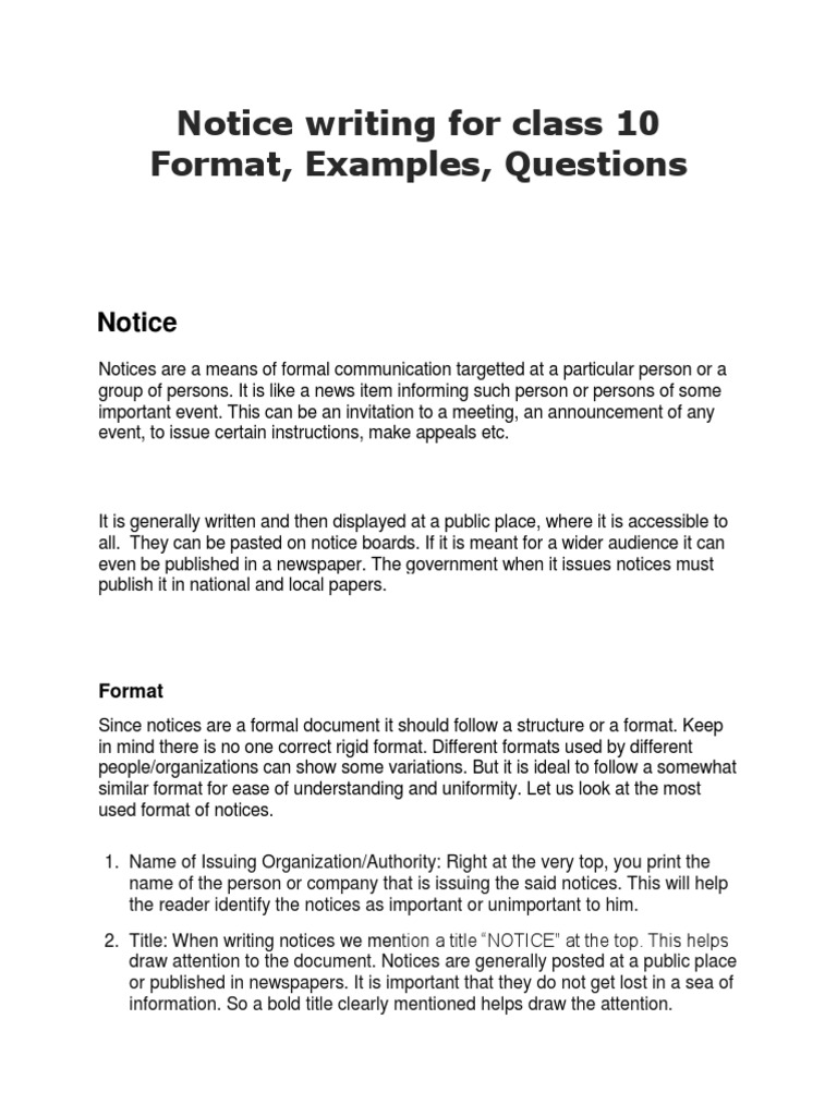 Notice Writing For Class 10 Format, Examples, Questions | PDF | Newspapers