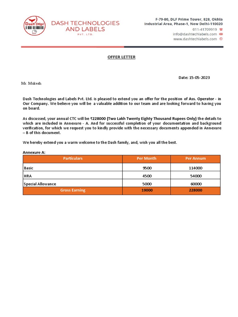 Offer Letter for Mukesh | PDF