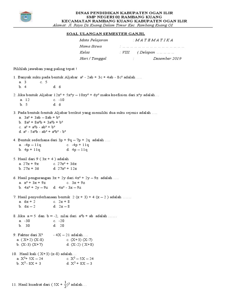 Soal Pas MTK Kls 8 2019-2020 | PDF