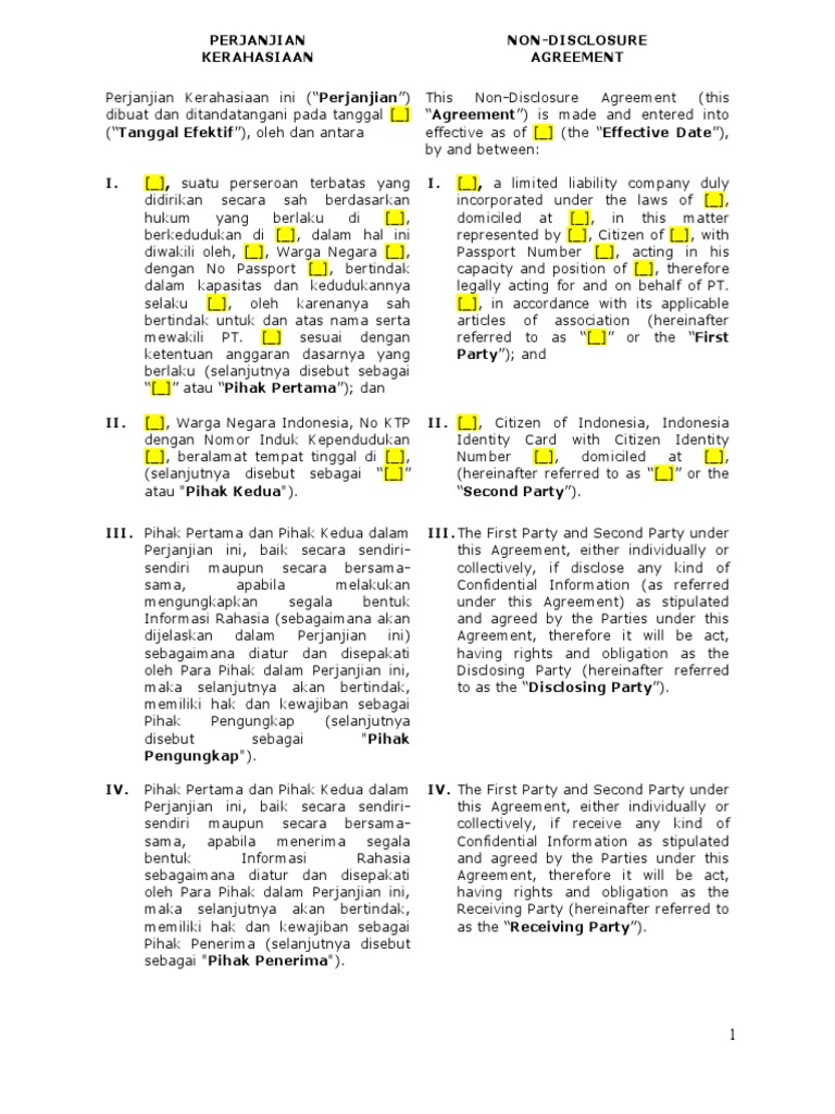 Draft Perjanjian Kerahasiaan (NDA) Reciprocal (B To P) - Bilingual ...