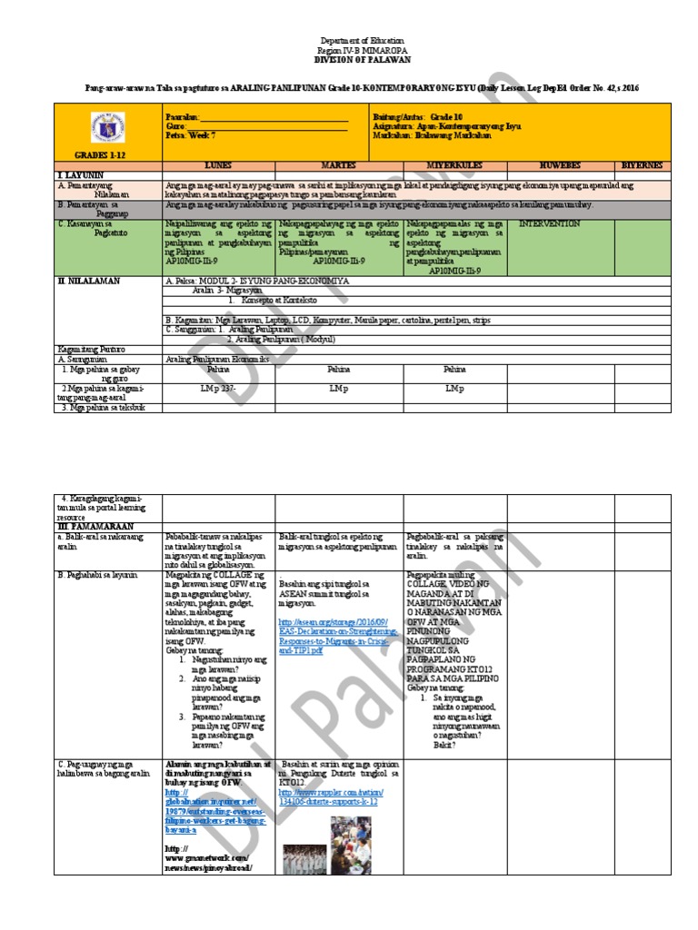 DLL Araling Panlipunan Grade10 Quarter2 Week7 Palawan Division | PDF