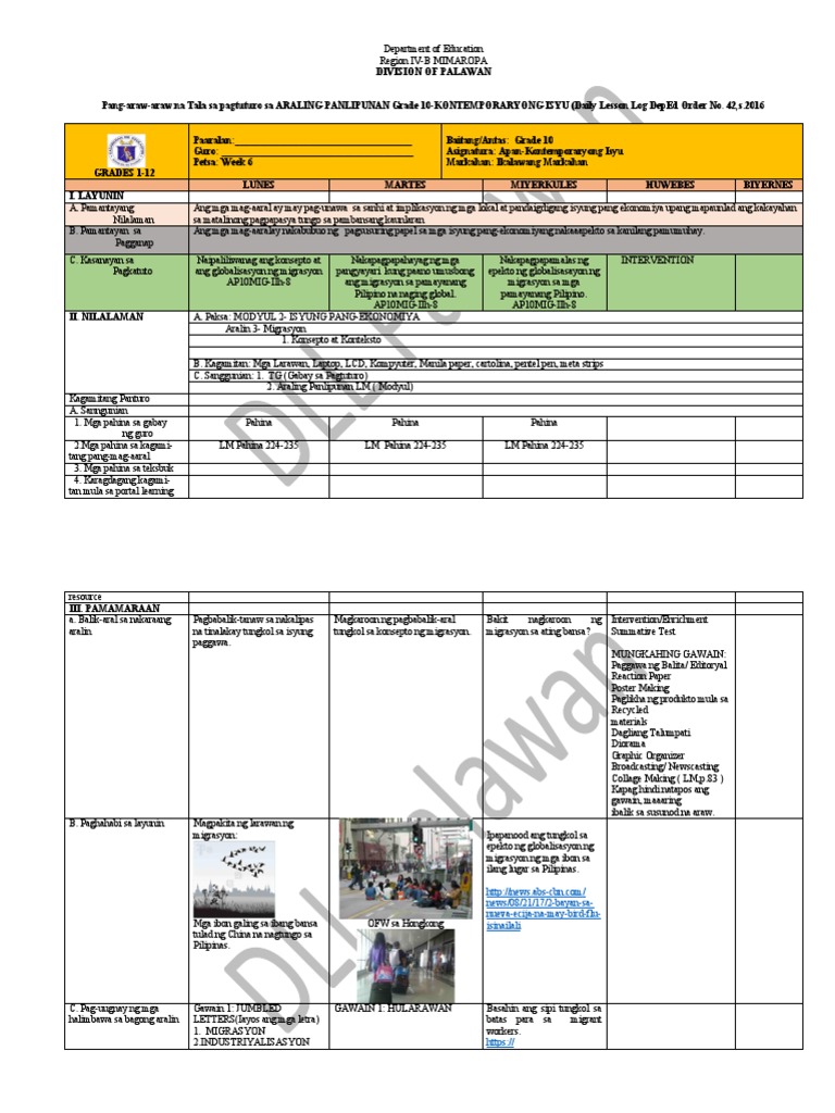 DLL Araling Panlipunan Grade10 Quarter2 Week6 Palawan Division | PDF