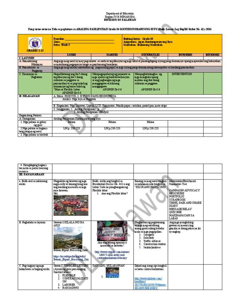 DLL Araling Panlipunan Grade10 Quarter2 Week5 Palawan Division | PDF