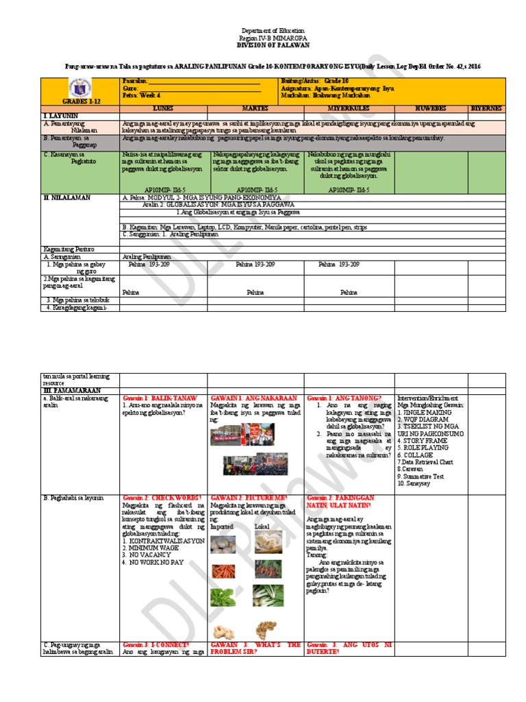 DLL Araling Panlipunan Grade10 Quarter2 Week4 Palawan Division | PDF