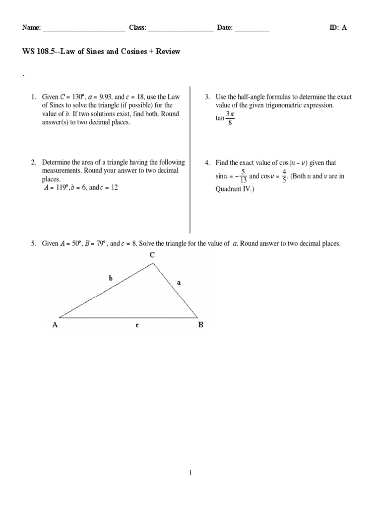 Worksheet 108.5 - Law of Sines and Cosines | PDF | Trigonometric ...