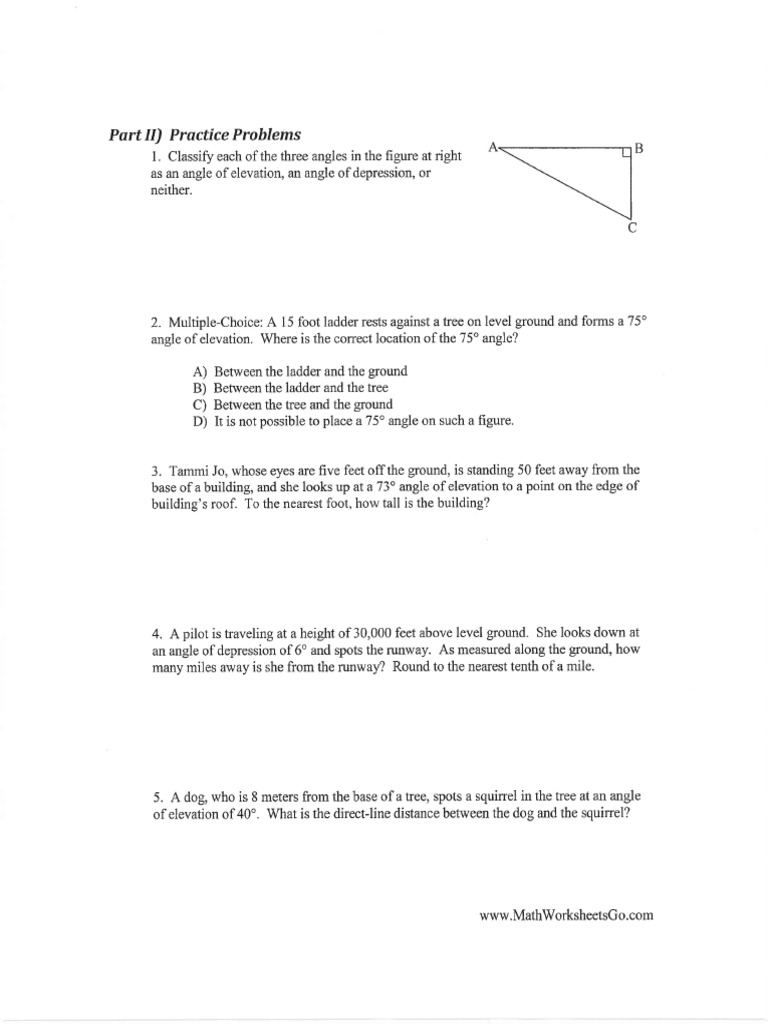 Angle of Elev and Depr Worksheet | PDF