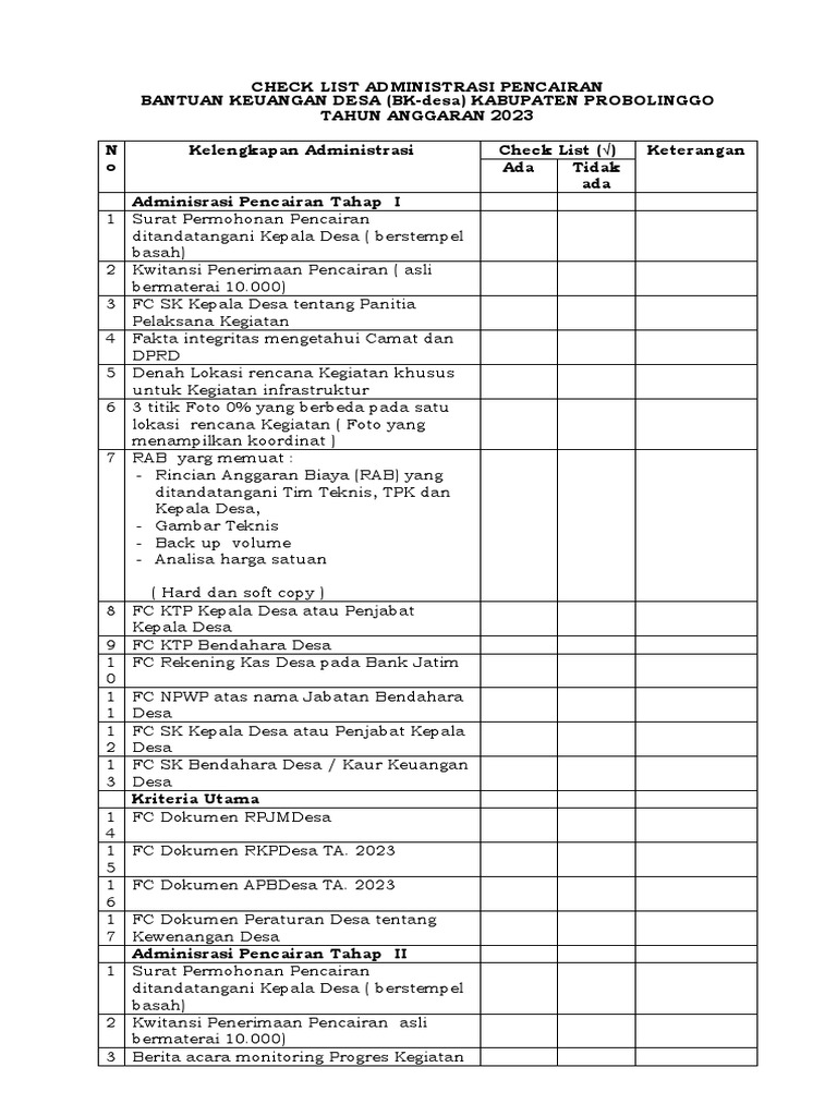 Checklist Pencairan BK-Desa 2023 Probolinggo | PDF