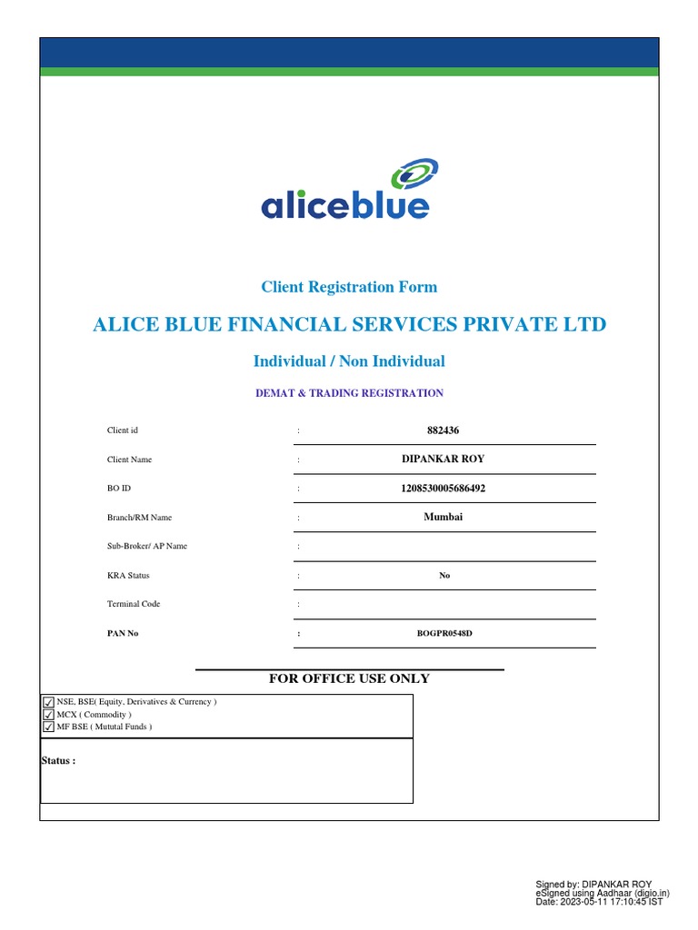Aliceblue Account Opening Form - 8824361393179BOGPR0548D | PDF | Identity Document | Cheque