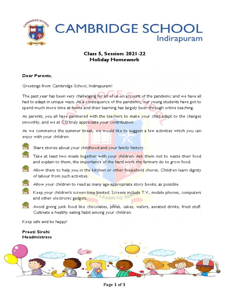 Class 5 HHW 2021 22 | PDF