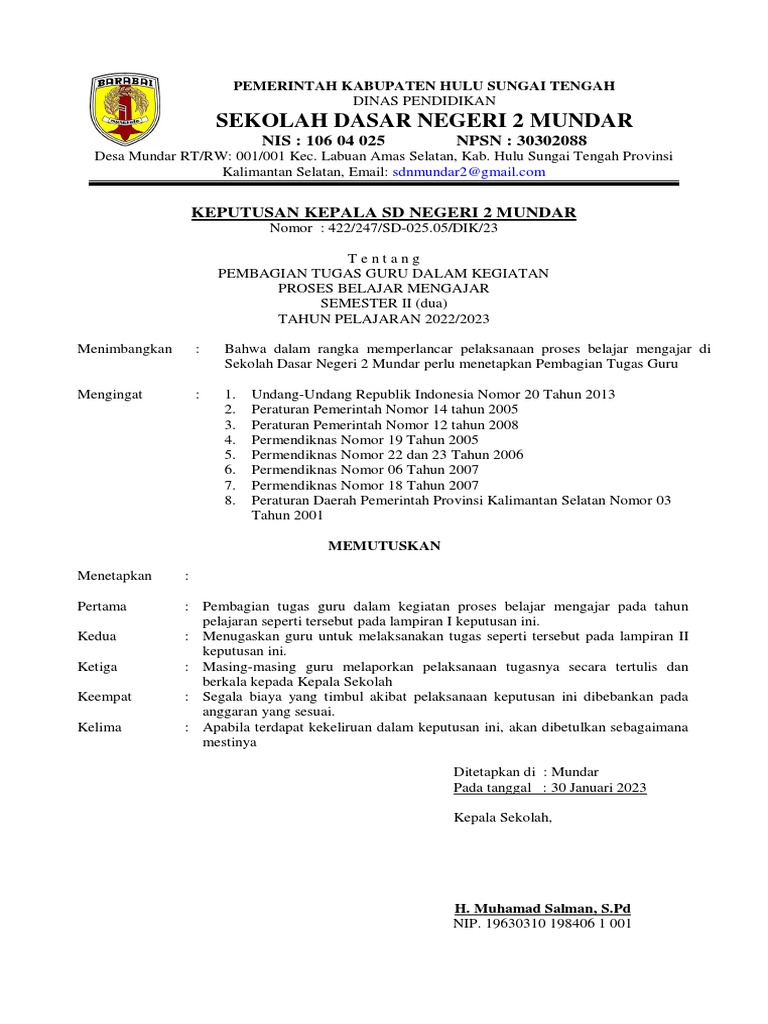 SK Pembagian Tugas Semester Ii 2022-2023 | PDF